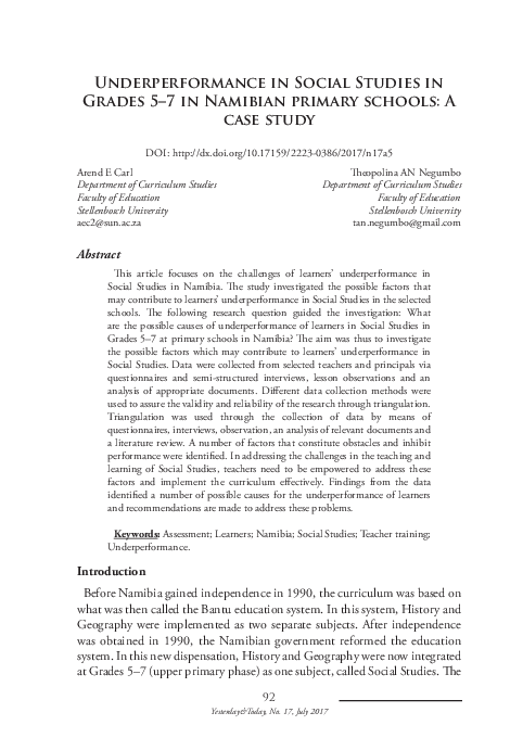 (PDF) Underperformance in Social Studies in Grades 5-7 in Namibian ...
