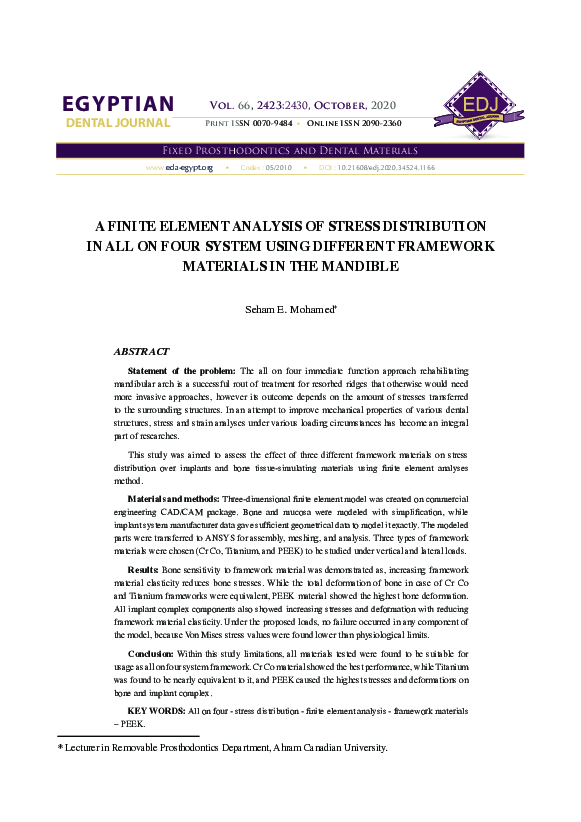 Pdf A Finite Element Analysis Of Stress Distribution In All On Four