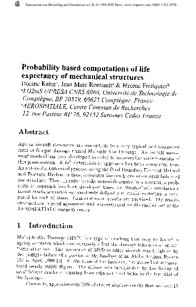 (PDF) Probability Based Computations Of Life Expectancy Of Mechanical Structures