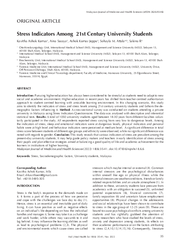 (PDF) Stress Indicators Among 21st Century University Students