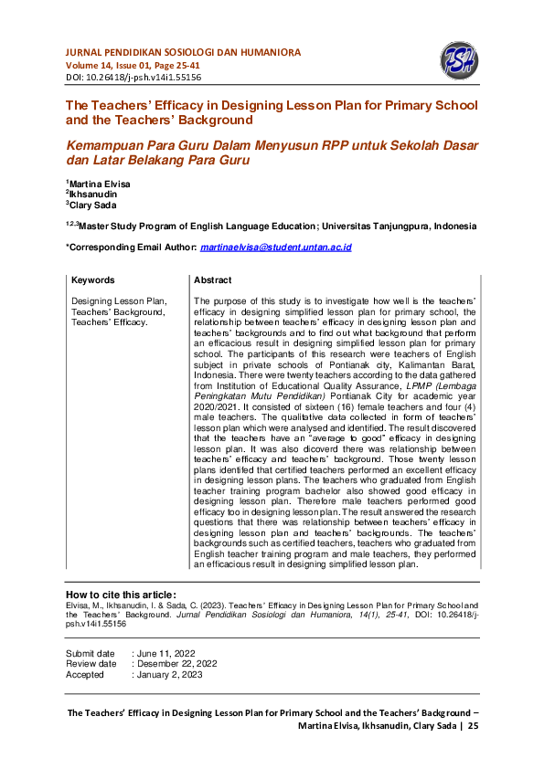 (PDF) The Teachers’ Efficacy in Designing Lesson Plan for Primary ...