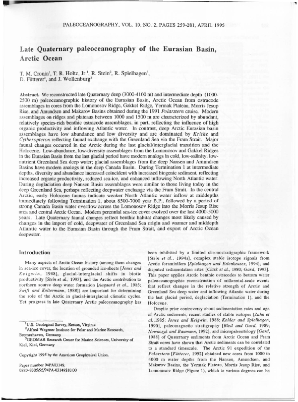 (PDF) Late Quaternary paleoceanography of the Eurasian Basin, Arctic Ocean
