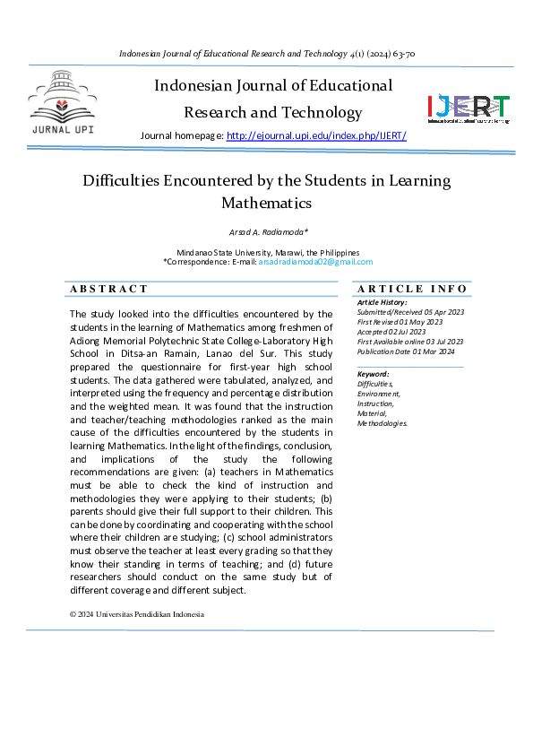 (PDF) Difficulties Encountered by the Students in Learning Mathematics
