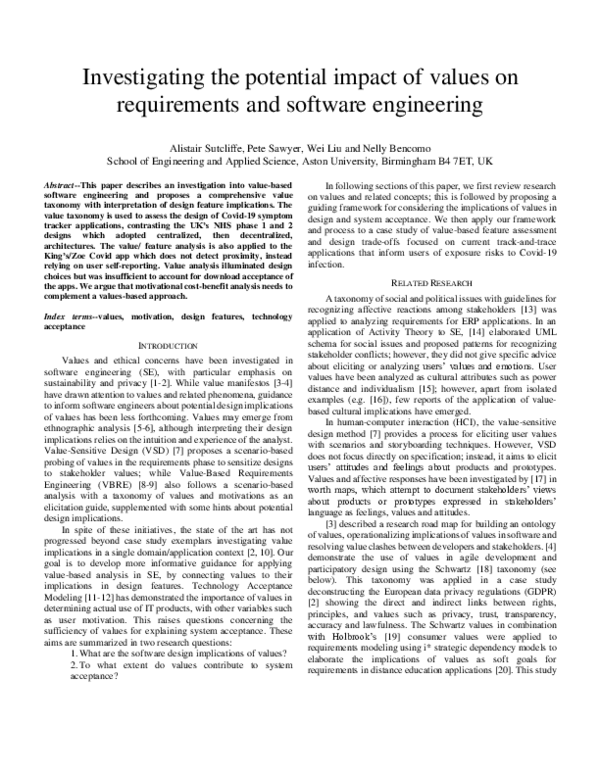 (PDF) Investigating the Potential Impact of Values on Requirements and Software Engineering