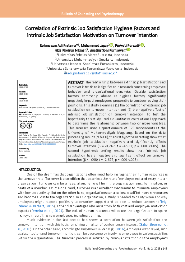 (PDF) Effect of Extrinsic Job Satisfaction Hygiene Factors and ...