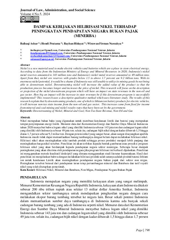(PDF) Dampak Kebijakan Hilirisasi Nikel Terhadap Peningkatan Pendapatan Negara Bukan Pajak (Minerba)