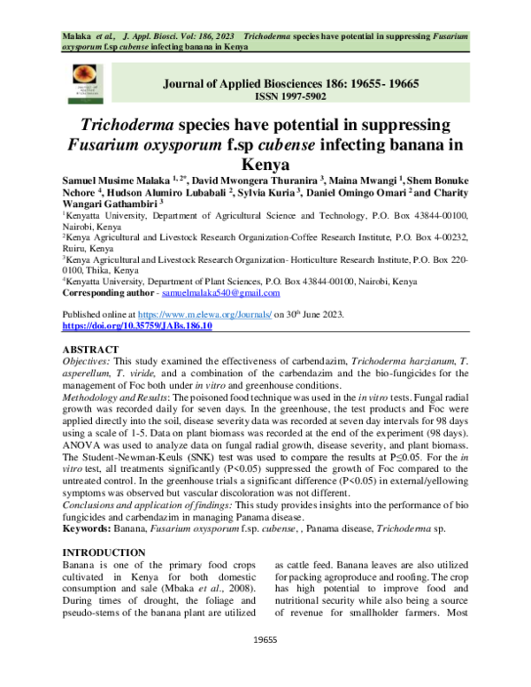 (PDF) Trichoderma species have potential in suppressing Fusarium oxysporum f.sp cubense ...