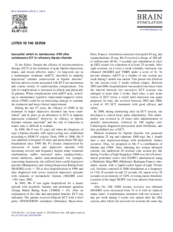 (PDF) Successful switch to maintenance rTMS after maintenance ECT in ...