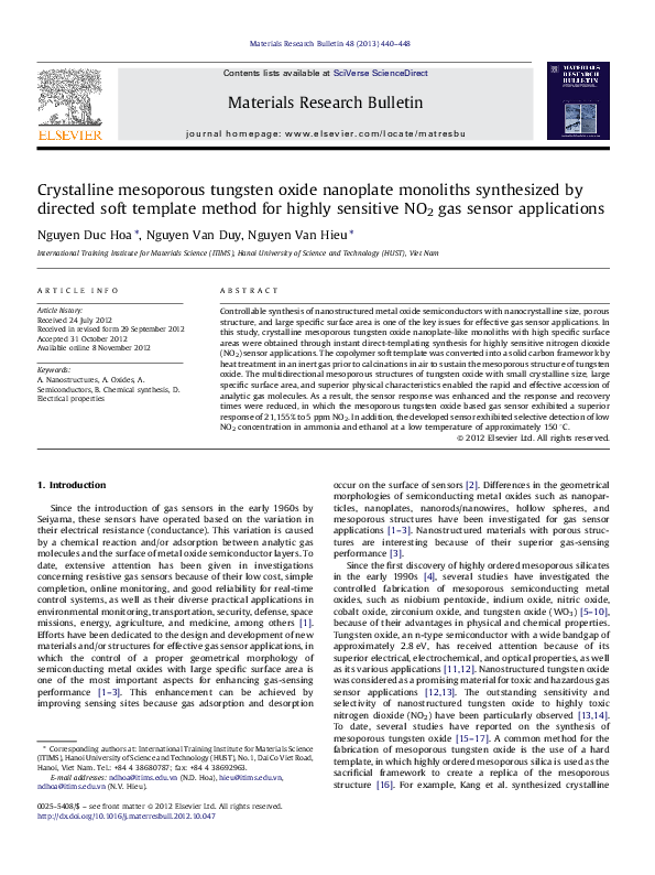 (PDF) Crystalline mesoporous tungsten oxide nanoplate monoliths synthesized by directed soft ...