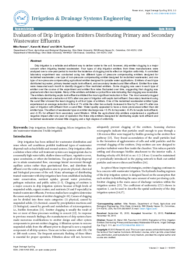 (PDF) Evaluation of Drip Irrigation Emitters Distributing Primary and ...