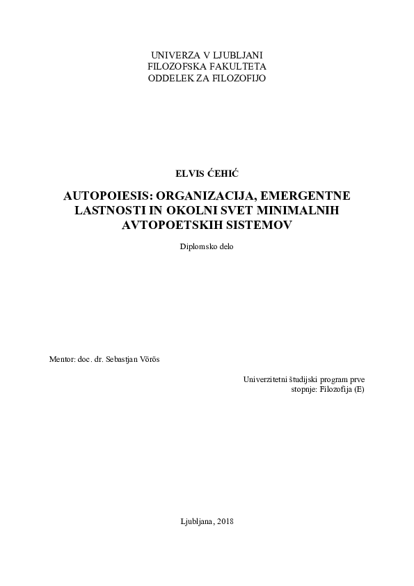 (PDF) Autopoiesis: organizacija, emergentne lastnosti in okolni svet ...