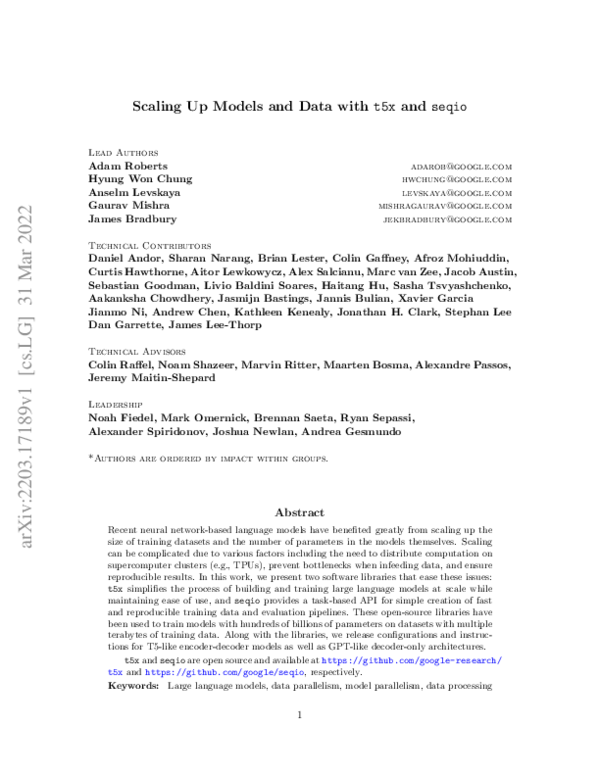 (PDF) Scaling Up Models and Data with $\texttt{t5x}$ and $\texttt{seqio}$