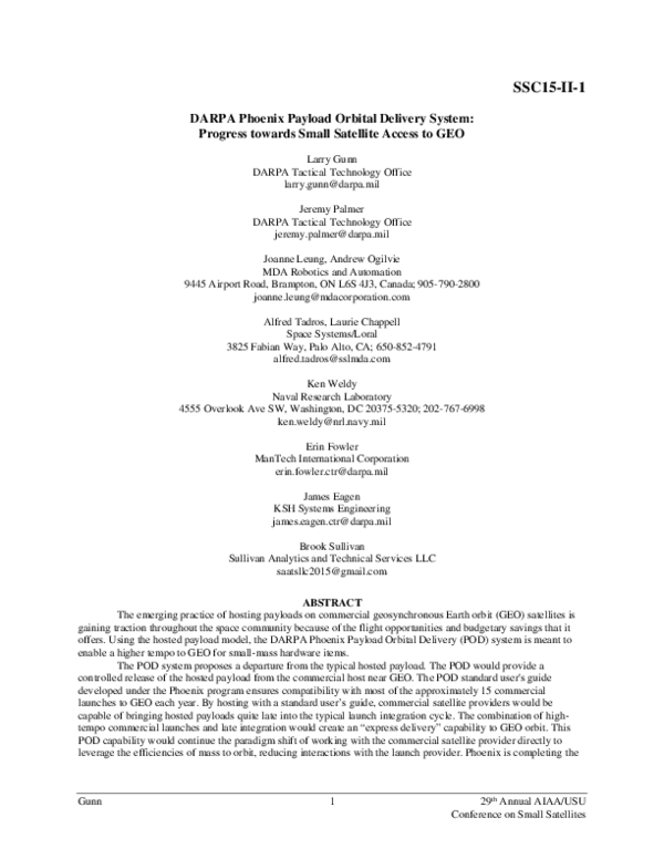 (PDF) DARPA Phoenix Payload Orbital Delivery System: Progress towards ...