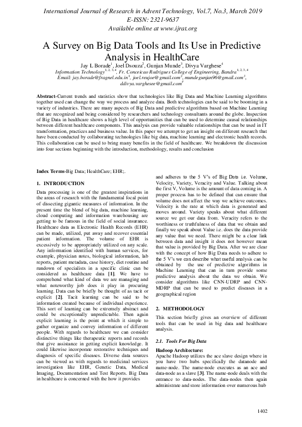 (PDF) A Survey on Big Data Tools and Its Use in Predictive Analysis in HealthCare