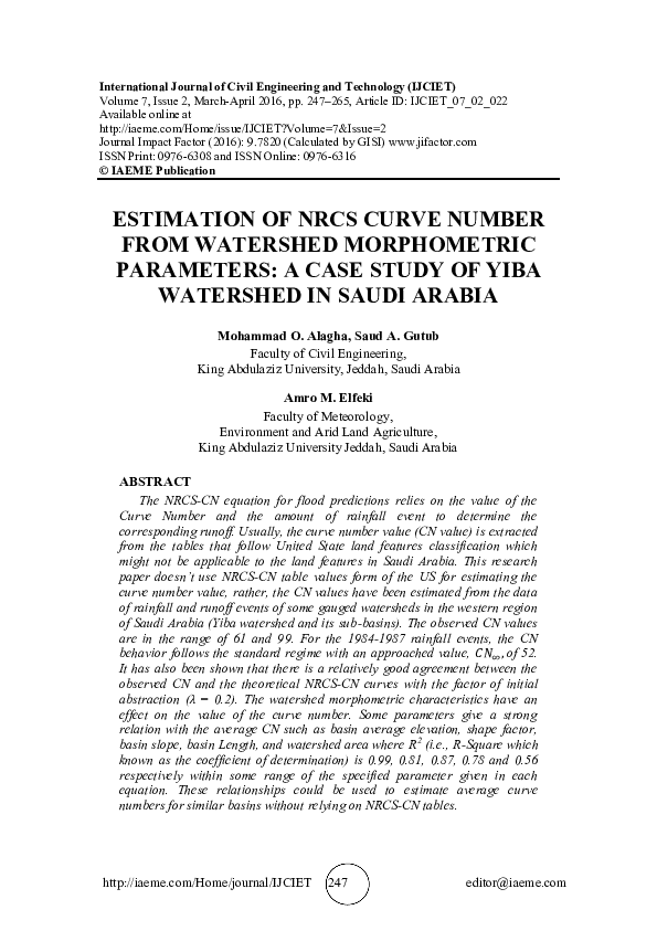 (PDF) Estimation of NRCS Curve Number from Watershed Morphometric Parameters: A Case Study of ...