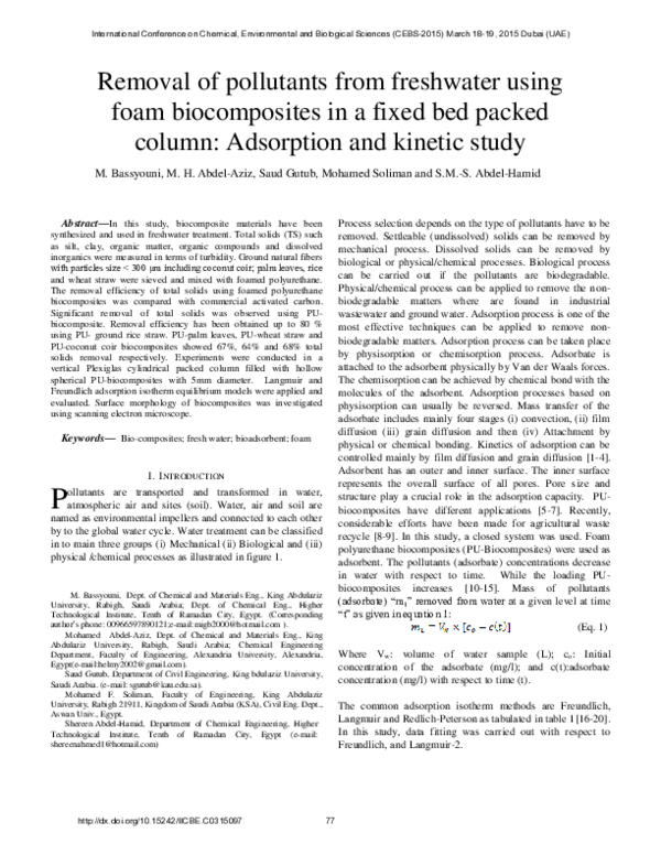 (PDF) Removal of pollutants from freshwater using foam biocomposites in ...