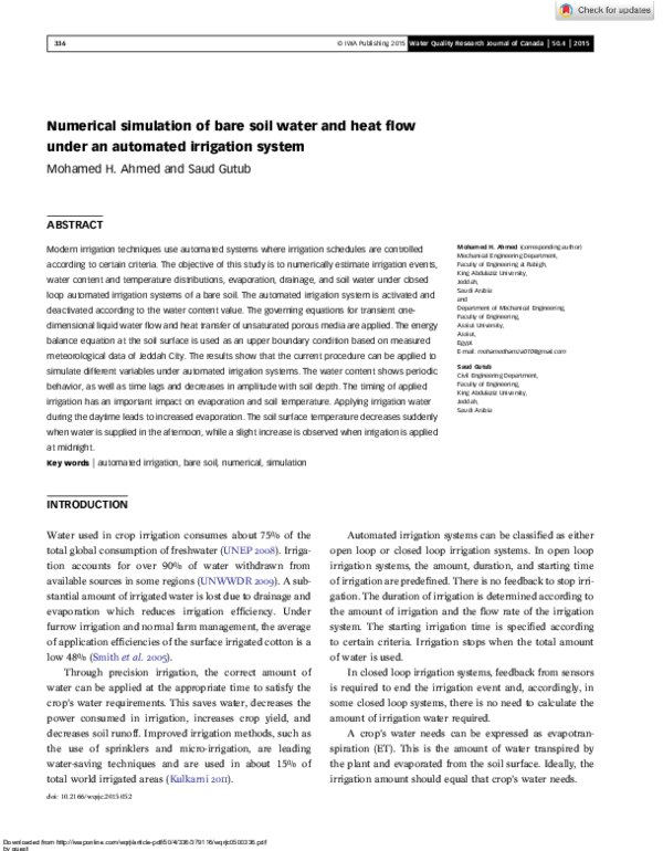 (PDF) Numerical simulation of bare soil water and heat flow under an automated irrigation system