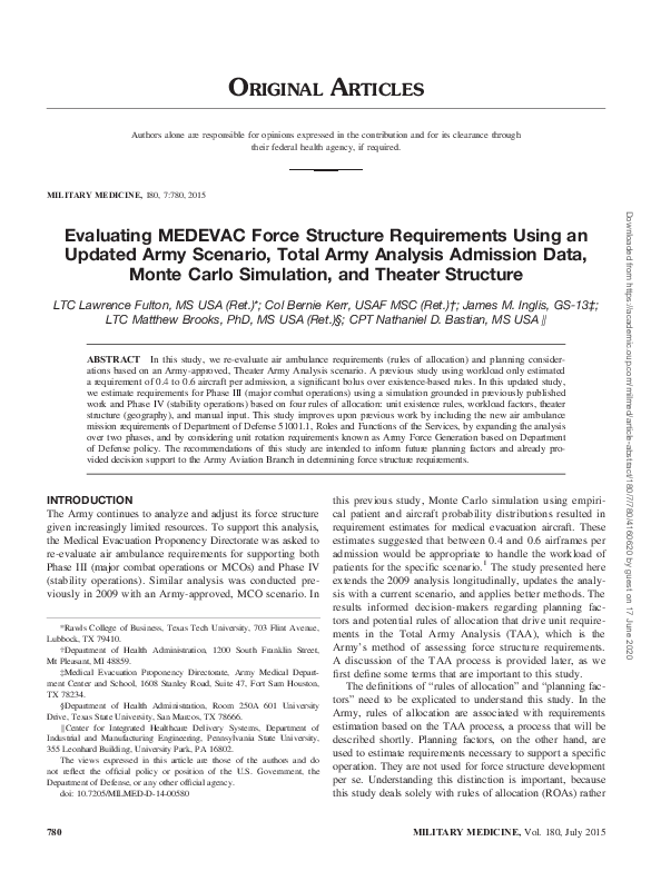 (PDF) Evaluating MEDEVAC Force Structure Requirements Using an Updated ...