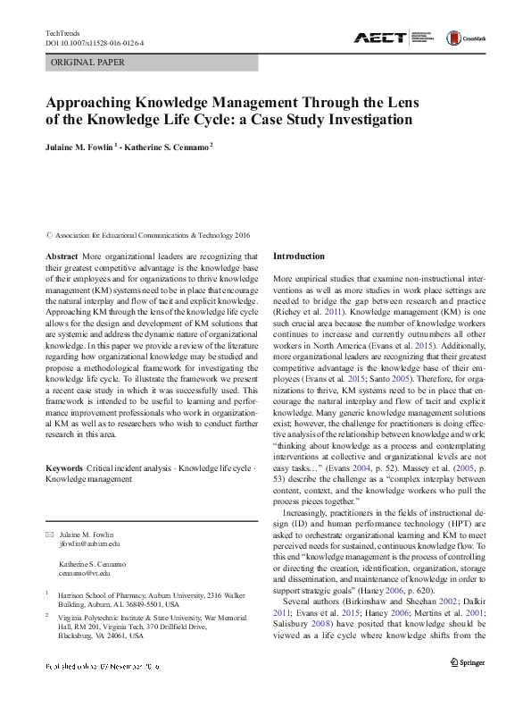 (PDF) Approaching Knowledge Management Through the Lens of the Knowledge Life Cycle: a Case ...