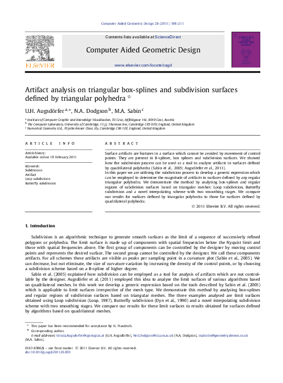 (PDF) Artifact analysis on triangular box-splines and subdivision surfaces defined by triangular ...