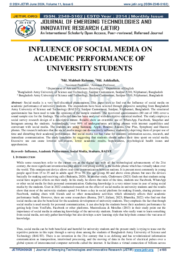 (PDF) INFLUENCE OF SOCIAL MEDIA ON ACADEMIC PERFORMANCE OF UNIVERSITY ...