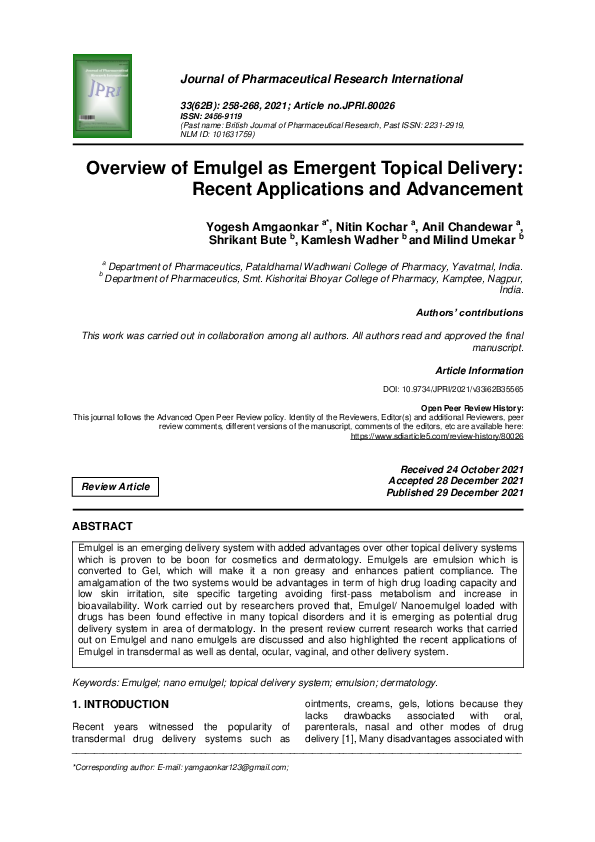 (PDF) Overview of Emulgel as Emergent Topical Delivery: Recent ...