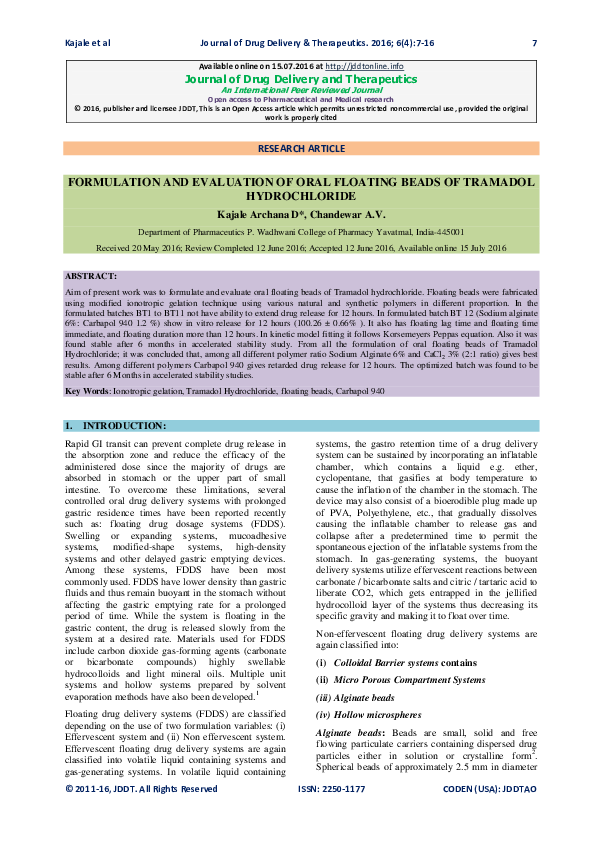 Pdf Formulation And Evaluation Of Oral Floating Beads Of Tramodol Hydrochloride