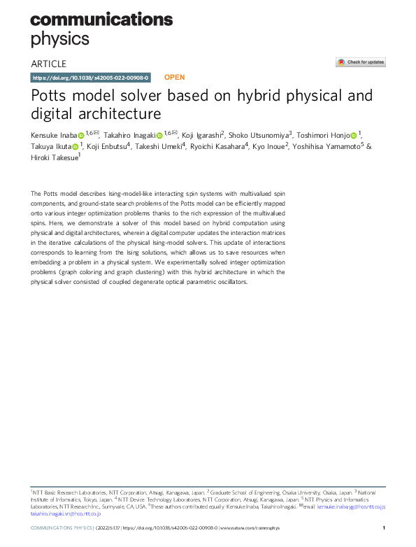 (PDF) Potts model solver based on hybrid physical and digital architecture