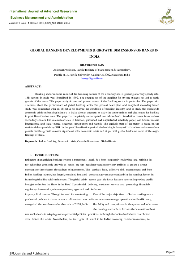 (PDF) Global Banking Developments & Growth Dimensions of Banks in India