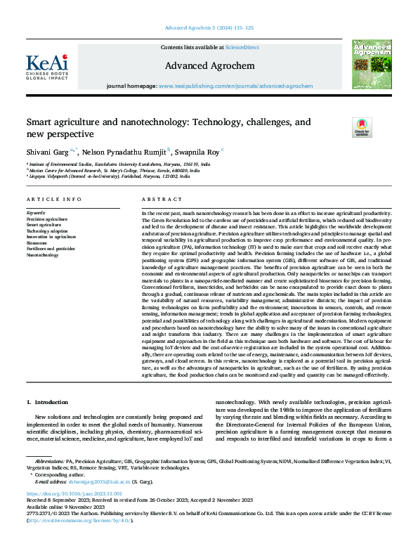 (PDF) Smart agriculture and nanotechnology: Technology, challenges, and new perspective