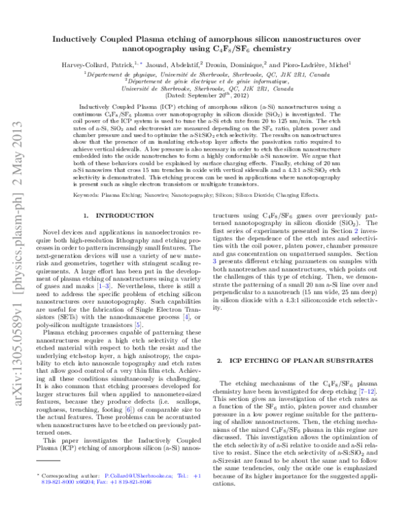 (PDF) Inductively Coupled Plasma etching of amorphous silicon nanostructures over nanotopography ...