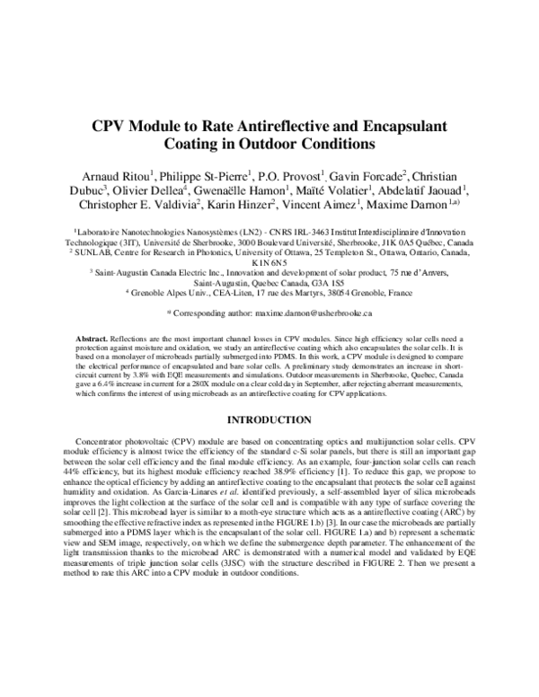 CPV module to rate antireflective and encapsulant coating in outdoor ...