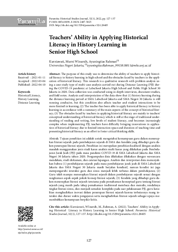 (PDF) Teachers’ Ability in Applying Historical Literacy in History Learning in Senior High School