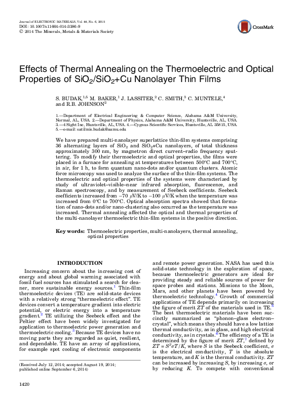 (PDF) Effects of Thermal Annealing on the Thermoelectric and Optical Properties of SiO2/SiO2+Cu ...