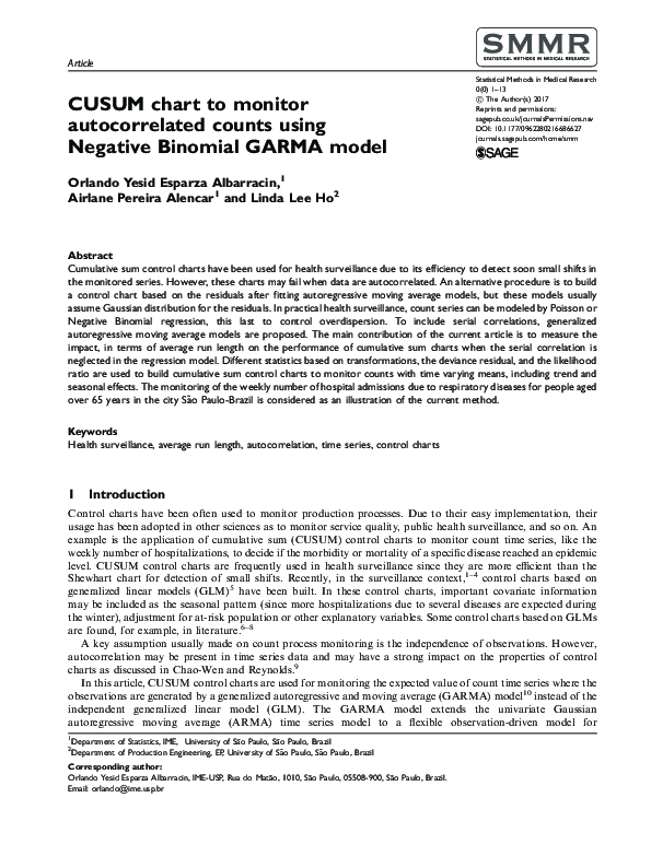 (PDF) CUSUM chart to monitor autocorrelated counts using Negative Binomial GARMA model