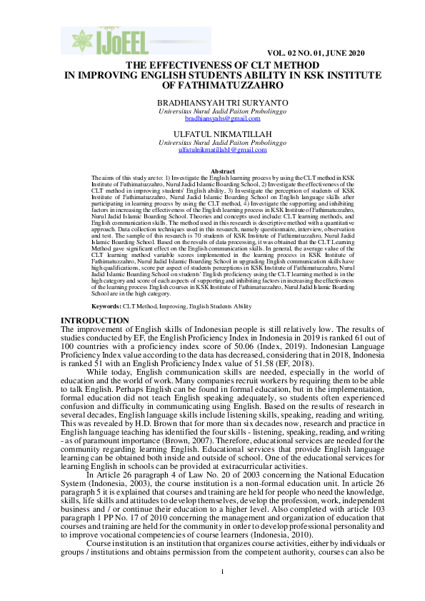 (PDF) The Effectiveness of CLT Method in Improving English Students ...