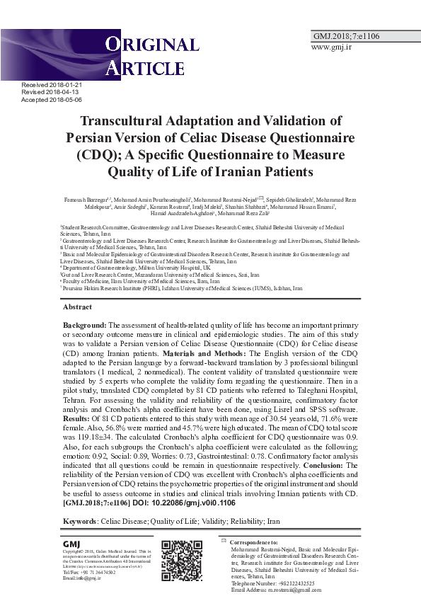 Pdf Transcultural Adaptation And Validation Of Persian Version Of