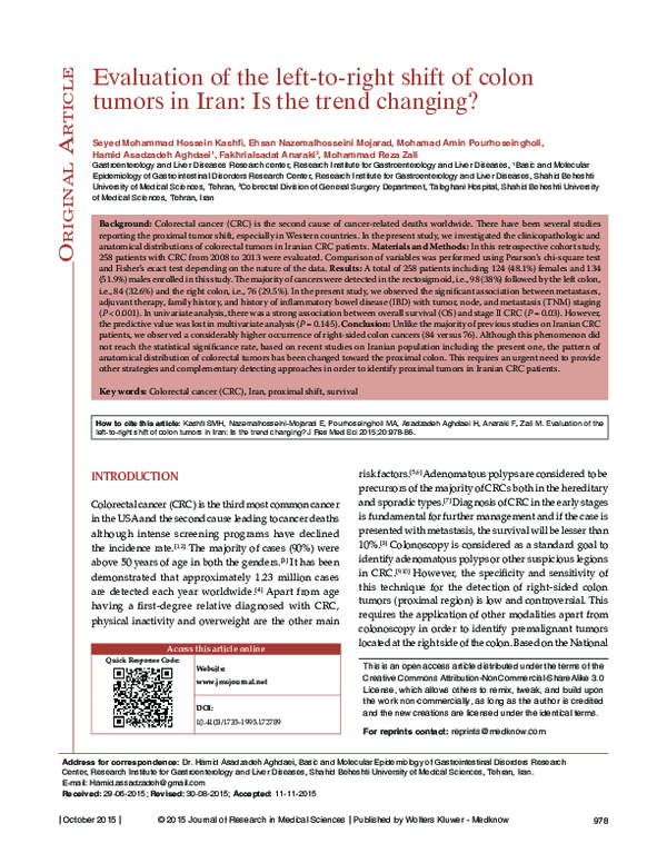 (PDF) Evaluation of the left-to-right shift of colon tumors in Iran: Is ...