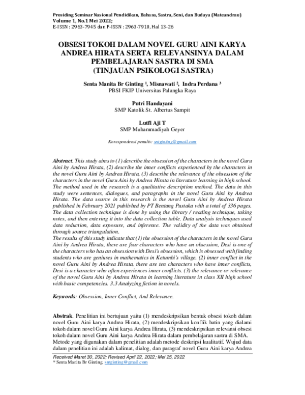 (PDF) Obsesi Tokoh Dalam Novel Guru Aini Karya Andrea Hirata Serta ...