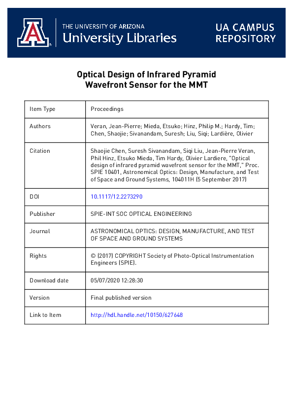 (PDF) Optical design of infrared pyramid wavefront sensor for the MMT