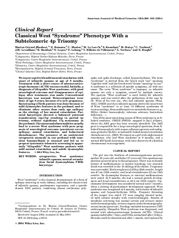 (PDF) Classical West ?syndrome? phenotype with a subtelomeric 4p ...