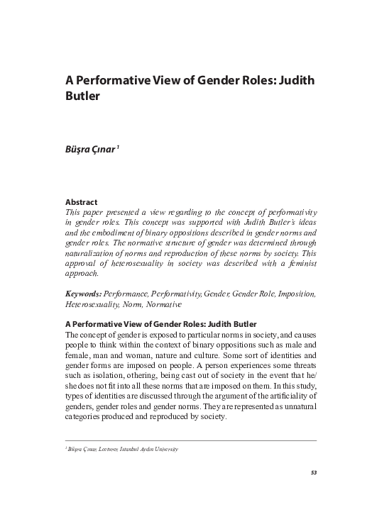 (PDF) A Performative View of Gender Roles: Judith Butler