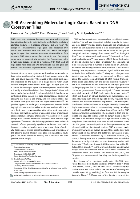 (PDF) Self‐Assembling Molecular Logic Gates Based on DNA Crossover Tiles