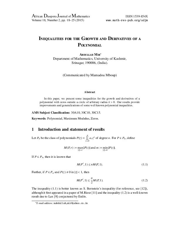 (PDF) Inequalities for the Growth and Derivatives of a Polynomial
