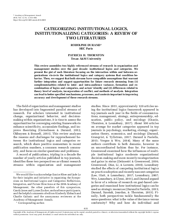 (PDF) Categorizing Institutional Logics, Institutionalizing Categories: A Review of Two Literatures