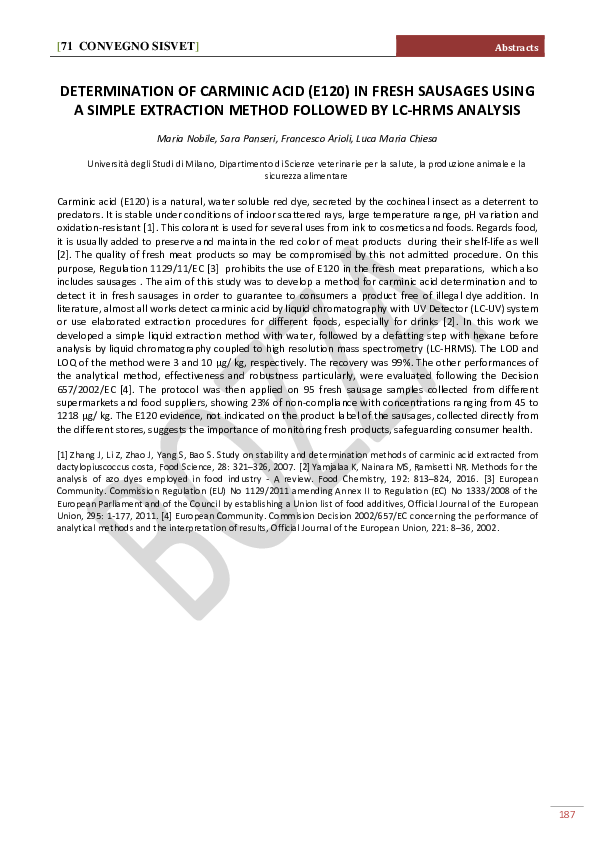 (PDF) Determination of carminic acid (e120) in fresh sausages using a ...