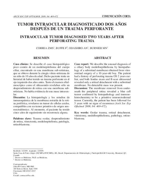 (PDF) Tumor intraocular diagnosticado dos años después de un trauma perforante | Fabiana Buffé ...