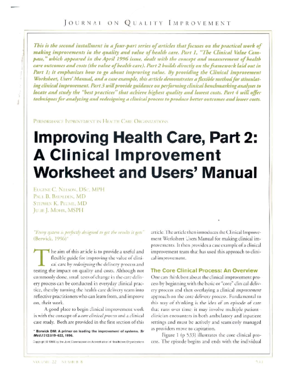 (PDF) Improving Health Care, Part 2: A Clinical Improvement Worksheet ...