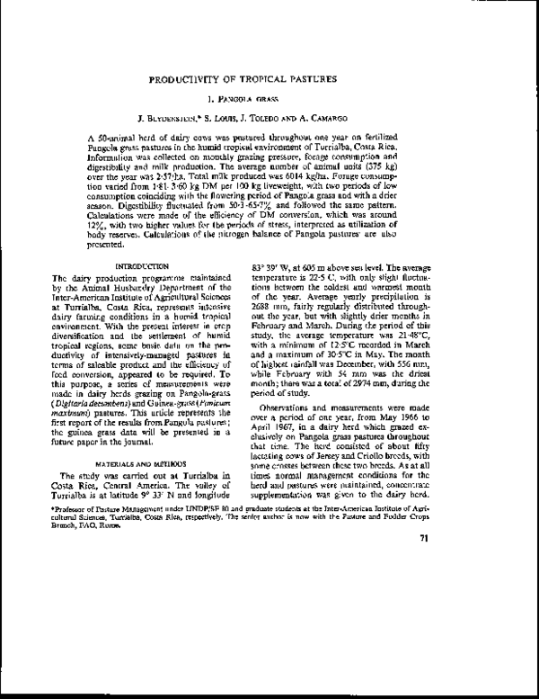 (PDF) PRODUCTIVITY OF TROPICAL PASTURES. I. Pangola grass