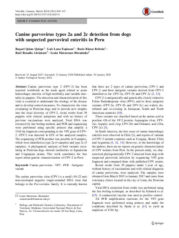 (PDF) Canine parvovirus types 2a and 2c detection from dogs with ...